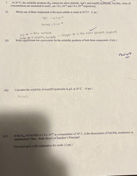 Solved 1. At 20∘C, the solubility products ( Ksp values) for | Chegg.com