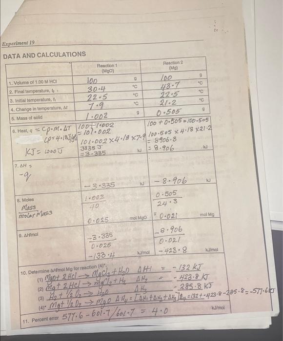 Solved Experiment 19 DATA AND CALCULATIONS | Chegg.com