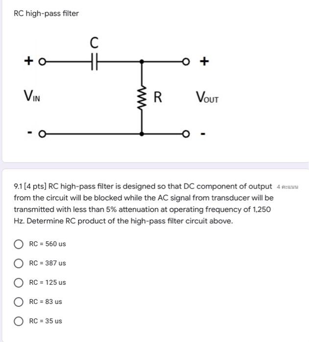 Solved RC high-pass filter с HE + o o + VIN R VOUT 9.1 [4 | Chegg.com