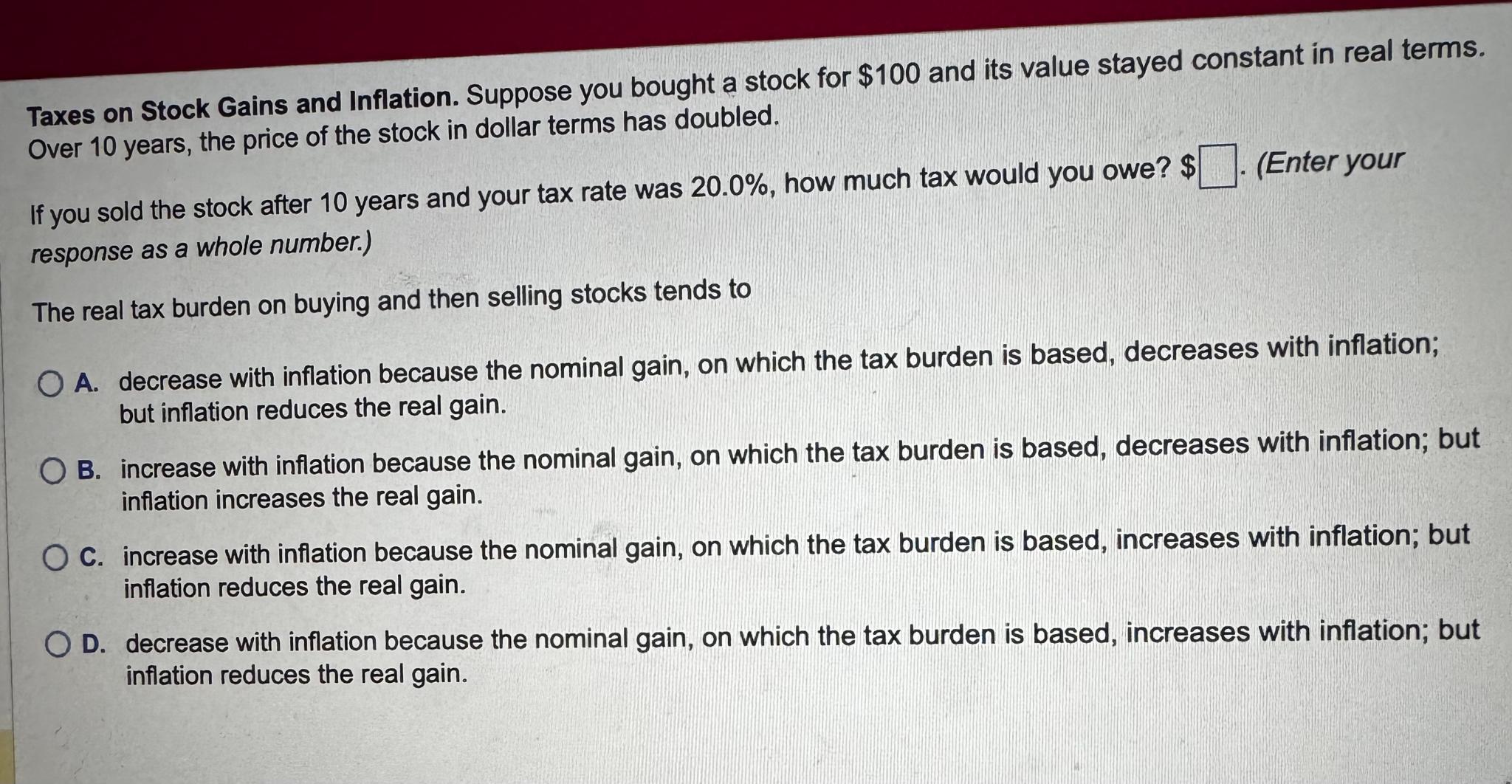 Solved Taxes on Stock Gains and Inflation. Suppose you | Chegg.com