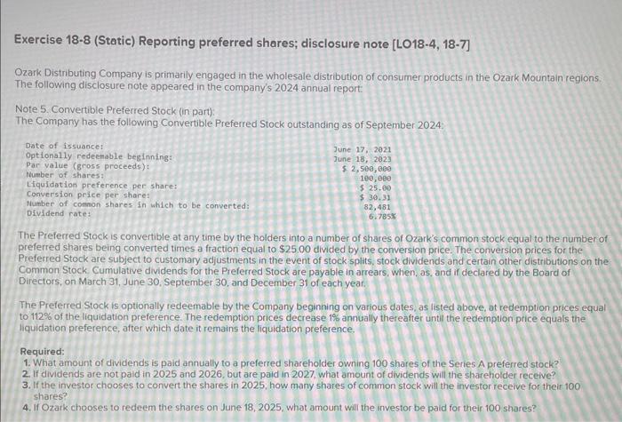 Solved Exercise 18-8 (Static) Reporting preferred shares; | Chegg.com Solved Exercise 18-8 (Static) Reporting preferred shares; | Chegg.com