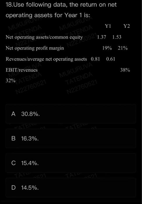 Solved 18. Use following data, the return on net operating | Chegg.com