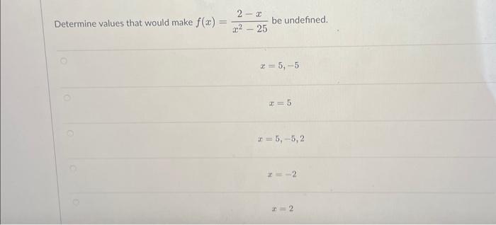 Solved Determine values that would make f(x)=x2−252−x be | Chegg.com