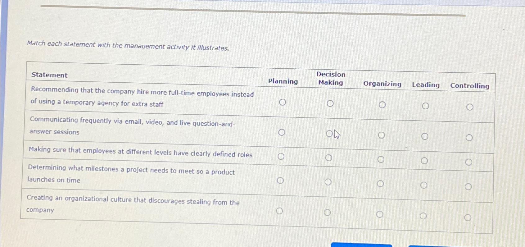 Solved Match each statement with the management activity it | Chegg.com