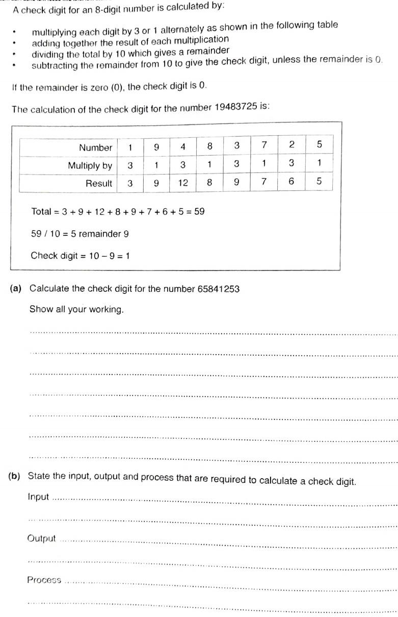 Solved A check digit for an 8-digit number is calculated by: | Chegg.com