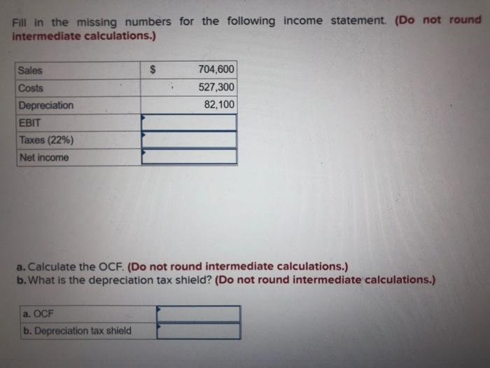 Solved Fill in the missing numbers for the following income | Chegg.com