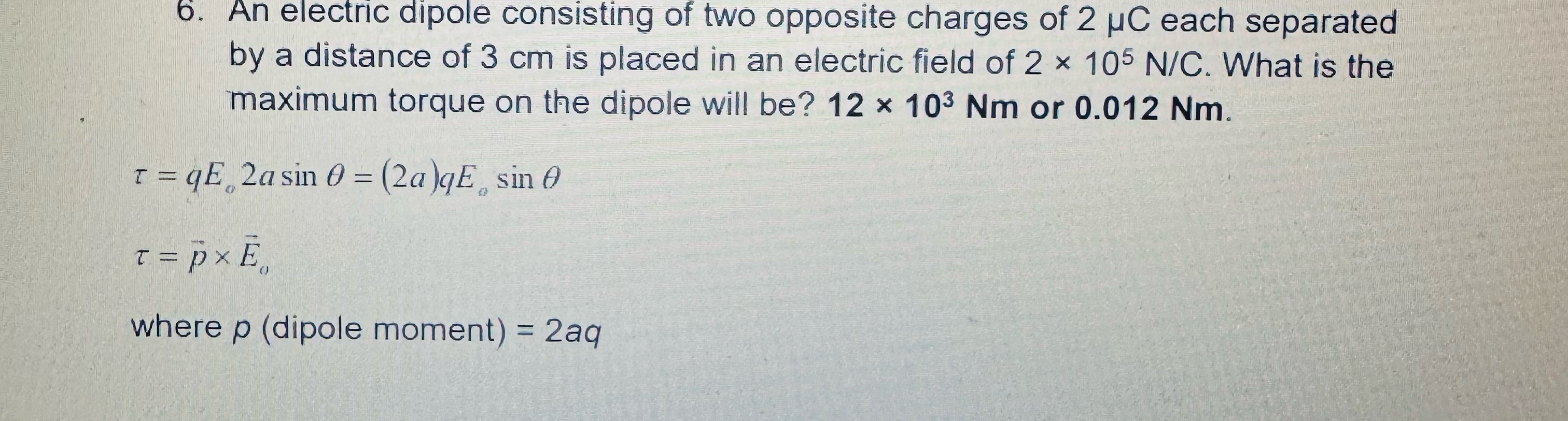 Solved An electric dipole consisting of two opposite charges | Chegg.com