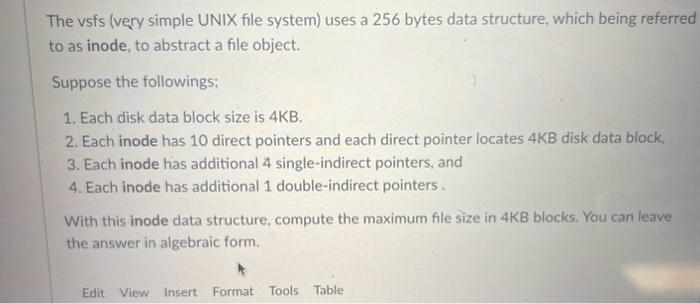 Solved The vsfs (very simple UNIX file system) uses a 256 | Chegg.com