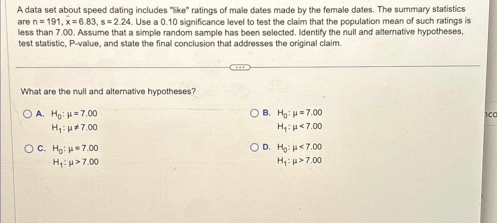 Solved A data set about speed dating includes "like" ratings | Chegg.com