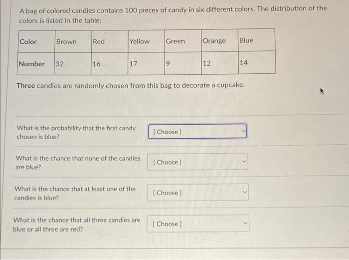 Solved A bag of colored candies contains 100 pieces of candy | Chegg.com