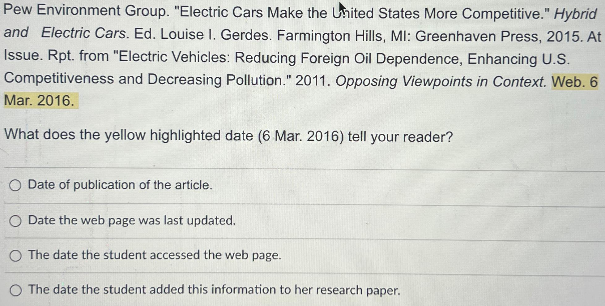 Solved Pew Environment Group. "Electric Cars Make the Ltited | Chegg.com