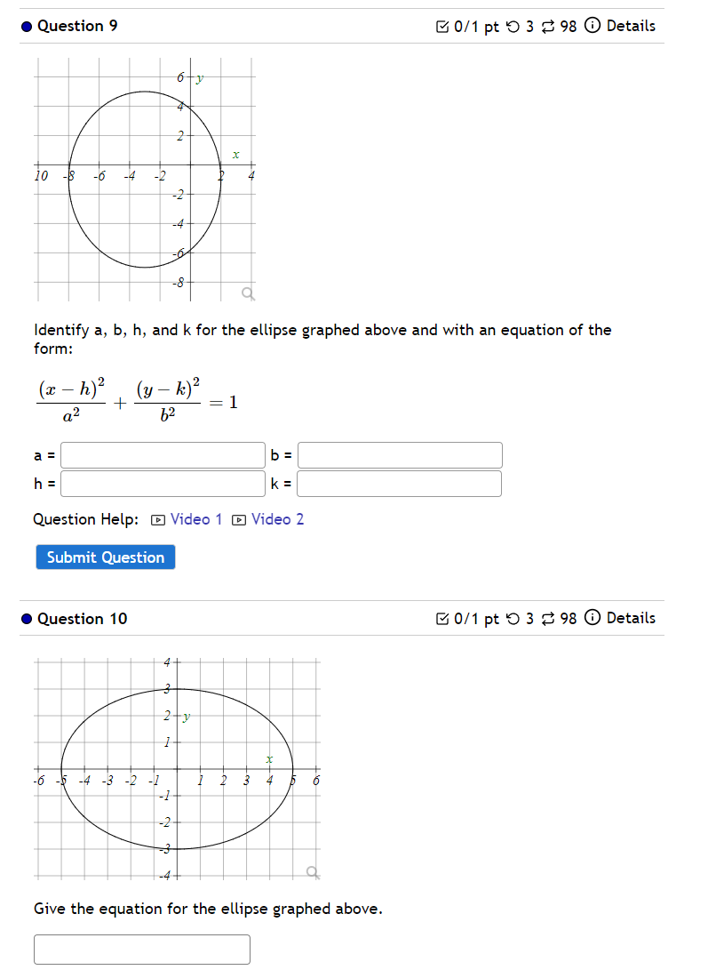 Solved Question 9: Identify a,b,h, ﻿and k ﻿for the ellipse | Chegg.com