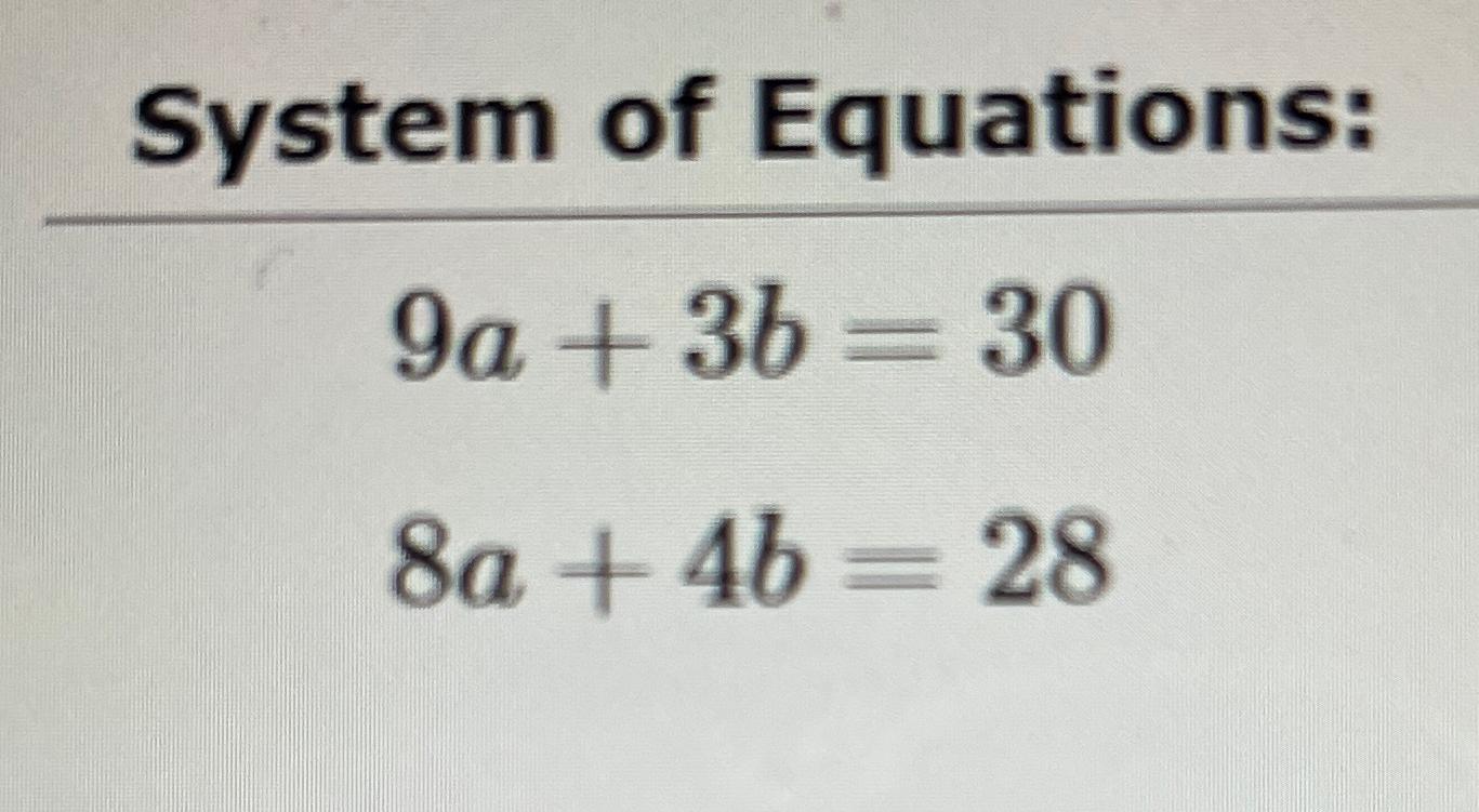 Solved System of Equations:9a+3b=308a+4b=28 | Chegg.com