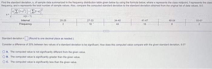 Solved Find the standard deviation, s, of sample data | Chegg.com