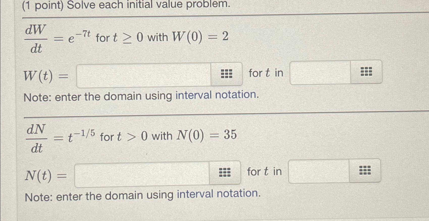 Solved (1 ﻿point) ﻿Solve each initial value | Chegg.com