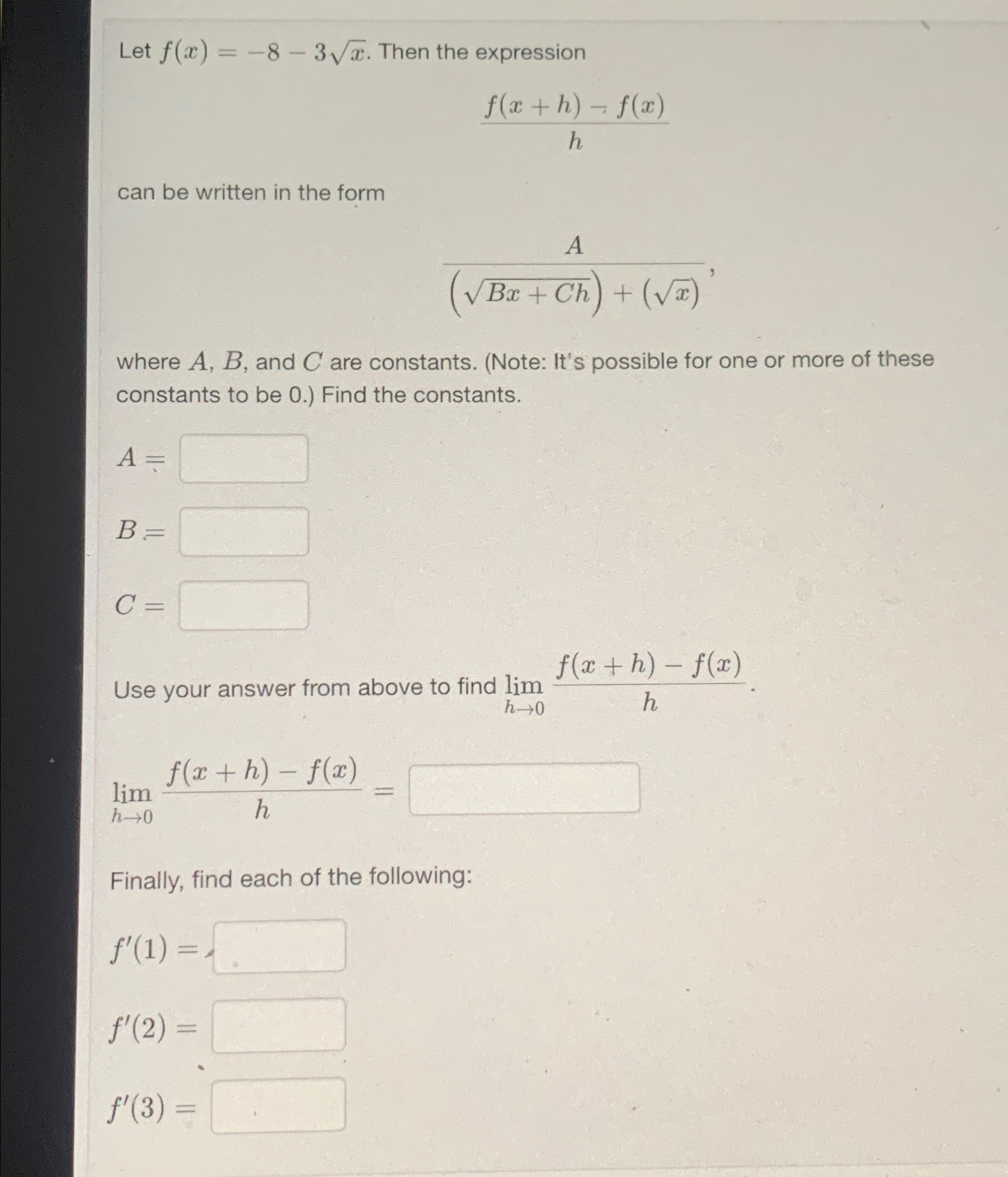 Solved Let f(x)=-8-3x2. ﻿Then the expressionf(x+h)-f(x)hcan | Chegg.com