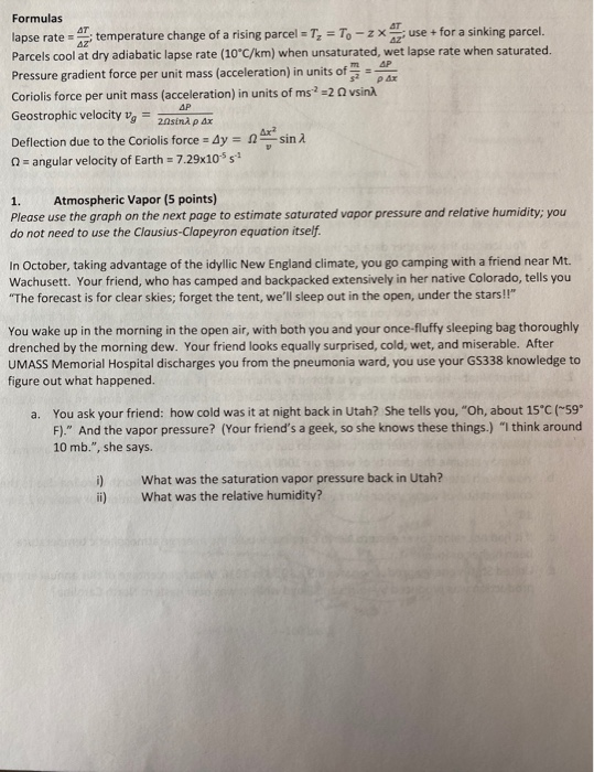 Solved Formulas lapse rate temperature change of a rising | Chegg.com