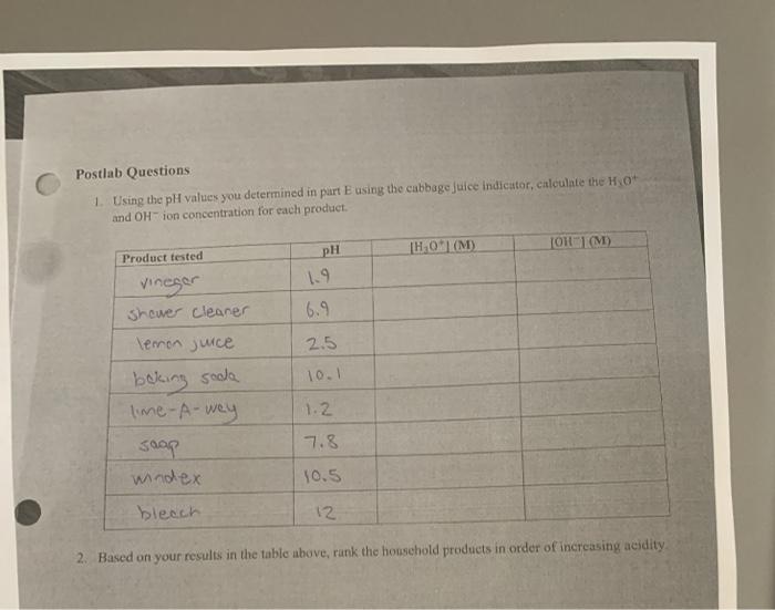 Solved Postlab Questions 1. Using the pH values you | Chegg.com Solved Postlab Questions 1. Using the pH values you | Chegg.com