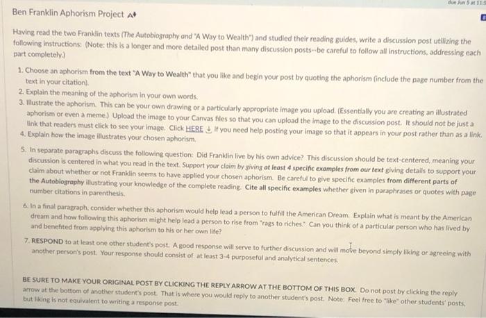 due Jun 5 at 115 Ben Franklin Aphorism Project A | Chegg.com