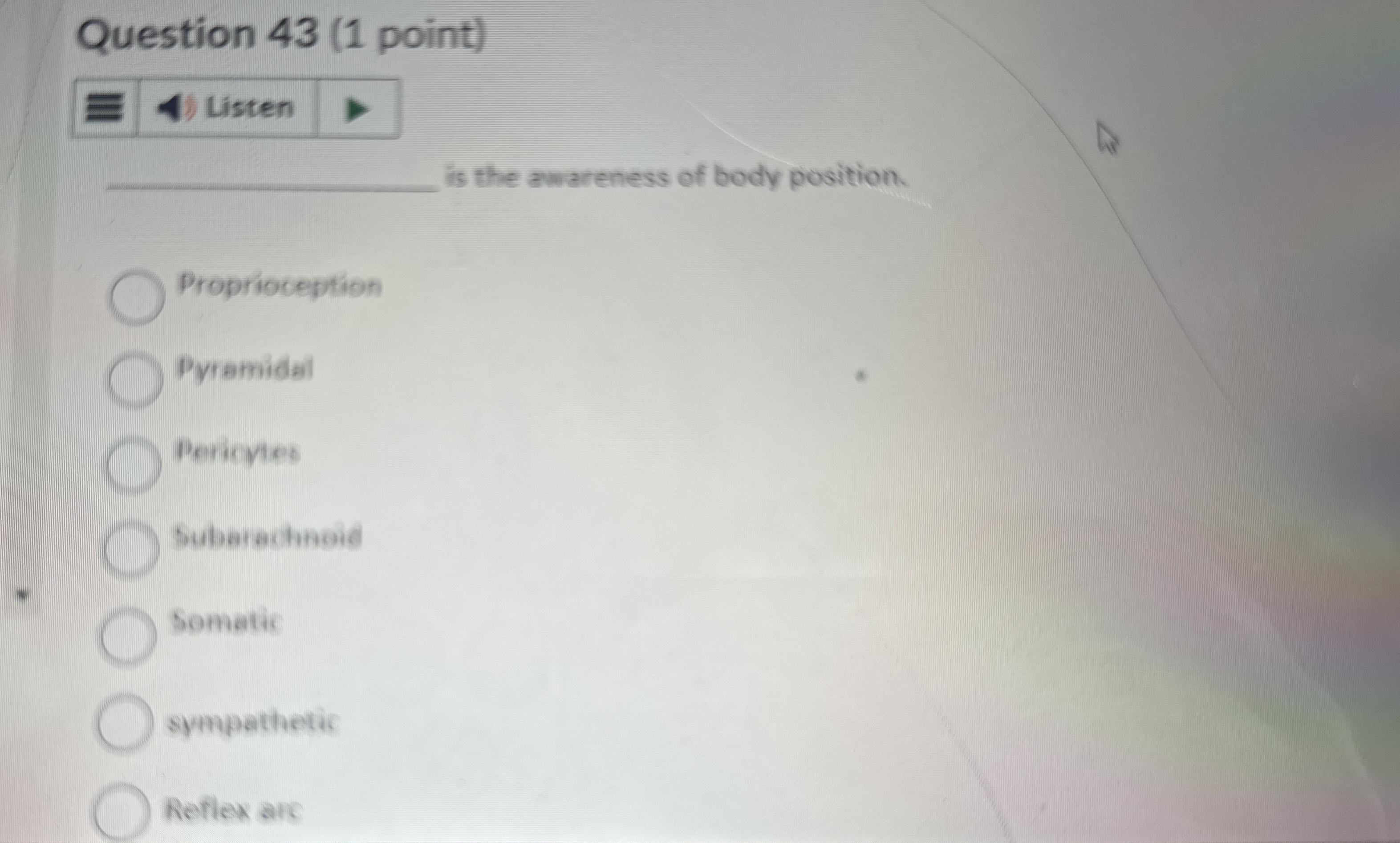 Solved Question 43 (1 ﻿point)is the awareness of body | Chegg.com
