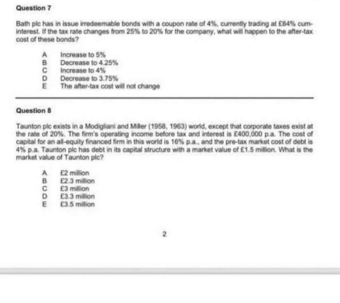 Solved Question 7 Bath plc has in issue irredeemable bonds | Chegg.com