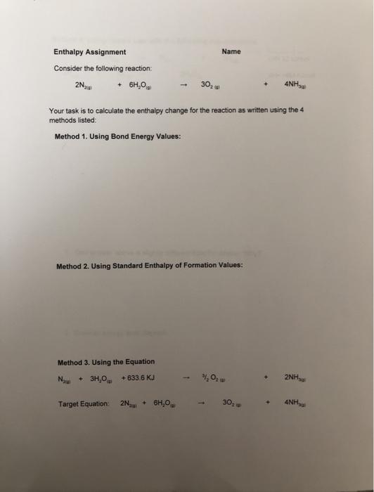 Solved Name Enthalpy Assignment Consider the following | Chegg.com
