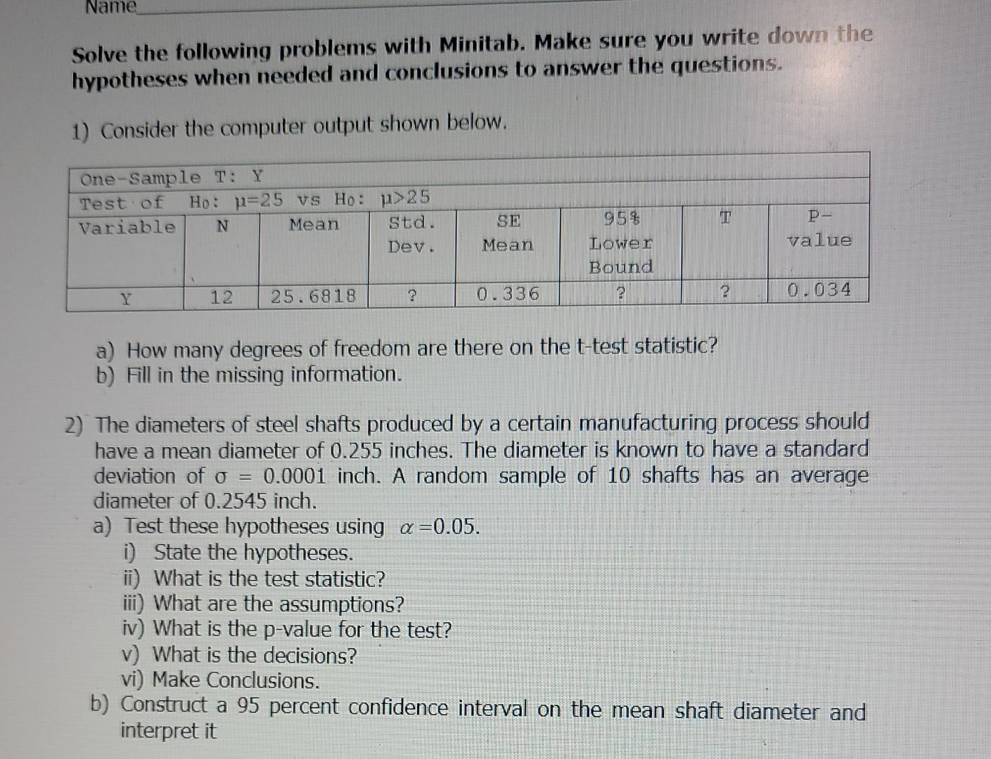Solved Name Solve the following problems with Minitab. Make | Chegg.com