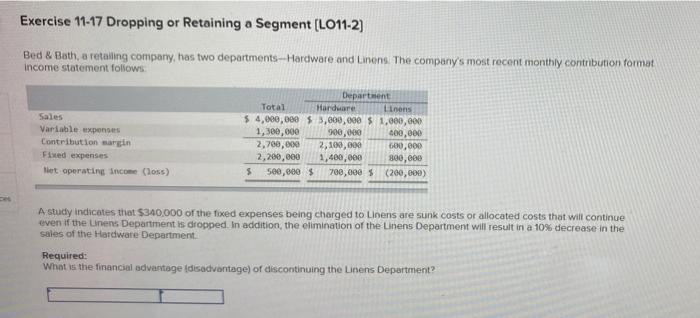 Solved Exercise 11-17 Dropping or Retaining a Segment | Chegg.com