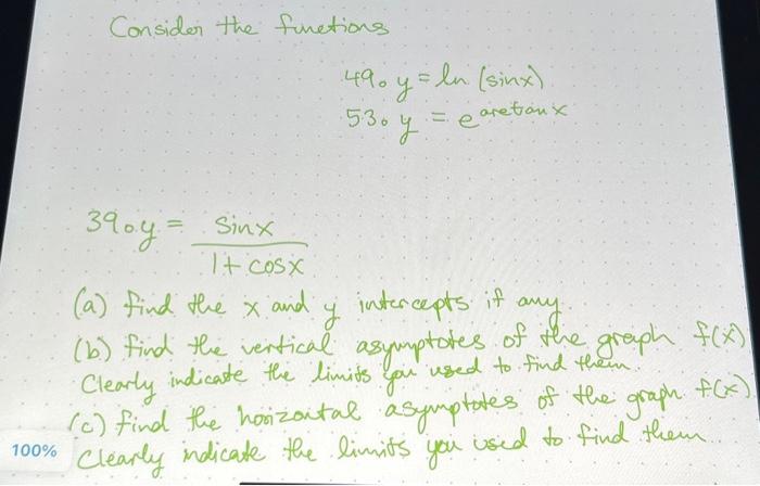 Solved Consider the functions 49. y=ln(sinx) 53. y=earctanx | Chegg.com