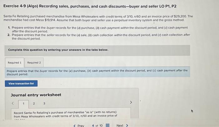 Solved Exercise 4-9 (Algo) Recording sales, purchases, and | Chegg.com