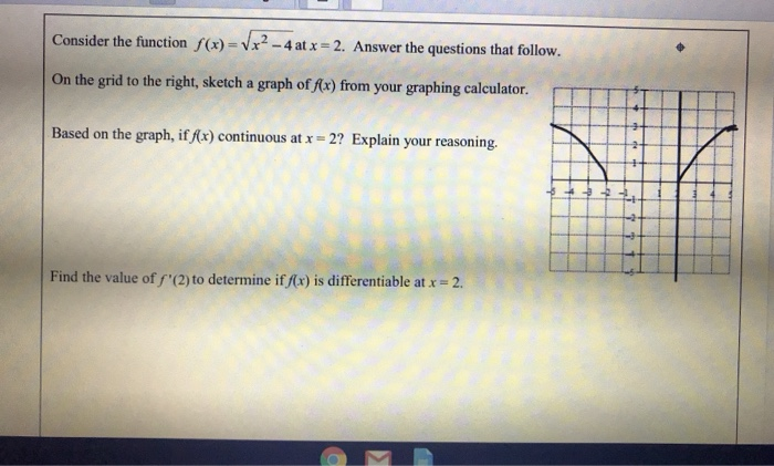 Solved Consider the function f(x) = Vx2 - 4 at x = 2. Answer | Chegg.com