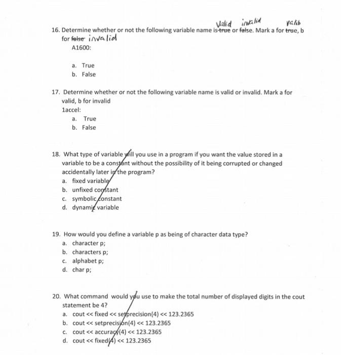 Solved 16. Determine whether or not the following variable | Chegg.com