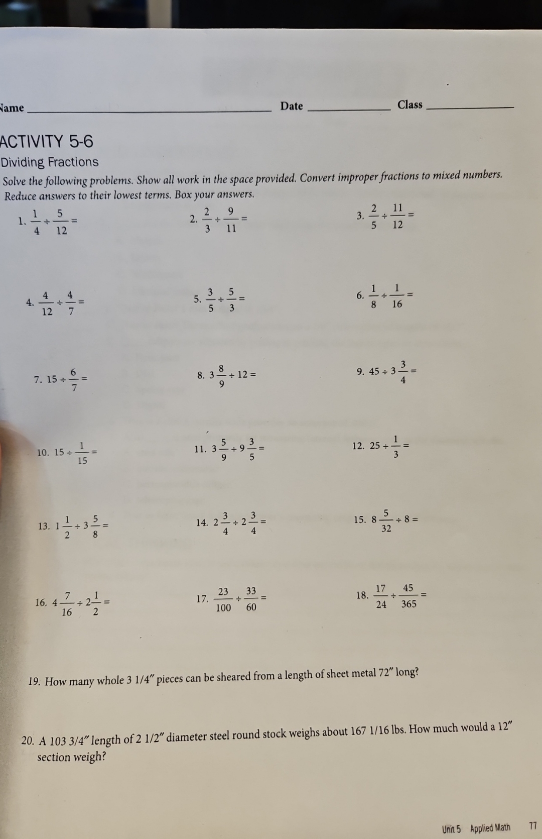 Solved JamıDateClasءACTIVITY 5-6Dividing FractionsSolve the | Chegg.com