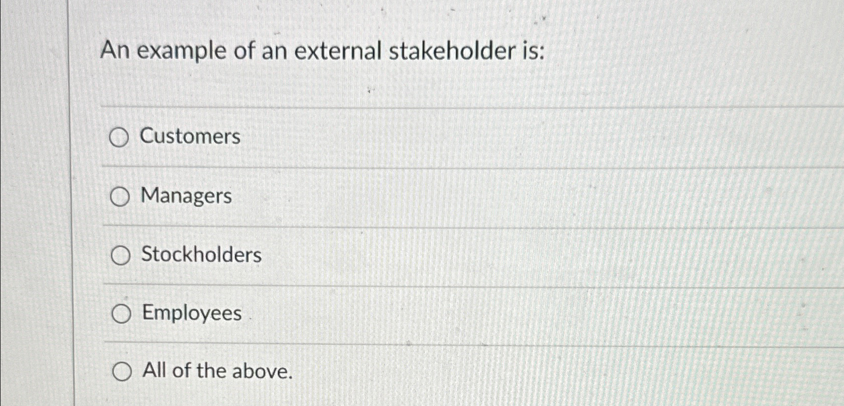 Solved An example of an external stakeholder | Chegg.com