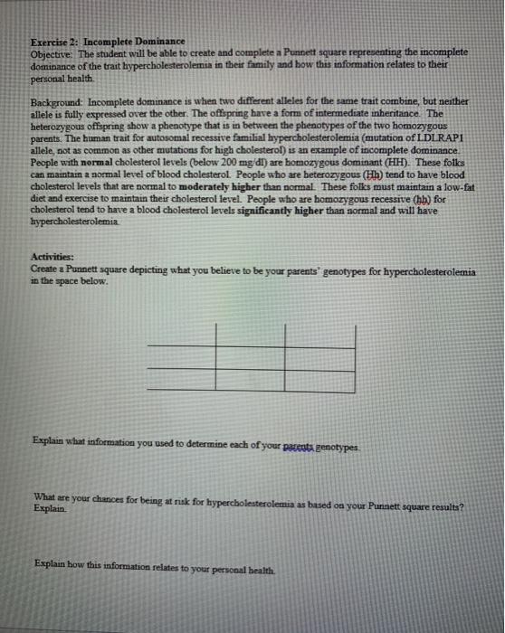 Solved Exercise 2: Incomplete Dominance Objective: The | Chegg.com