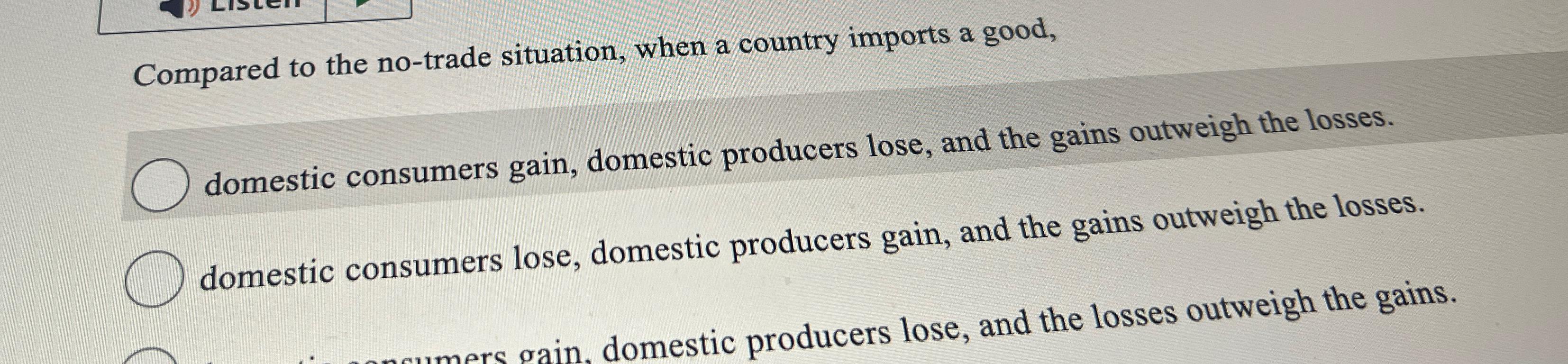 Solved Compared to the no-trade situation, when a country | Chegg.com