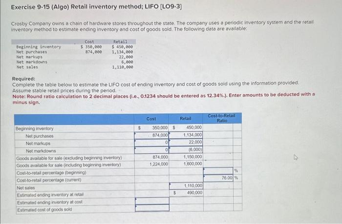 Solved Exercise 9.15 (Algo) Retail inventory method; LIFO | Chegg.com