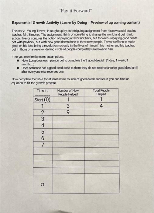 Solved **Pay it Forward" Exponential Growth Activity (Learn | Chegg.com