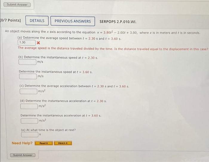 Solved Submit Answer [0/7 Points] DETAILS An object moves | Chegg.com