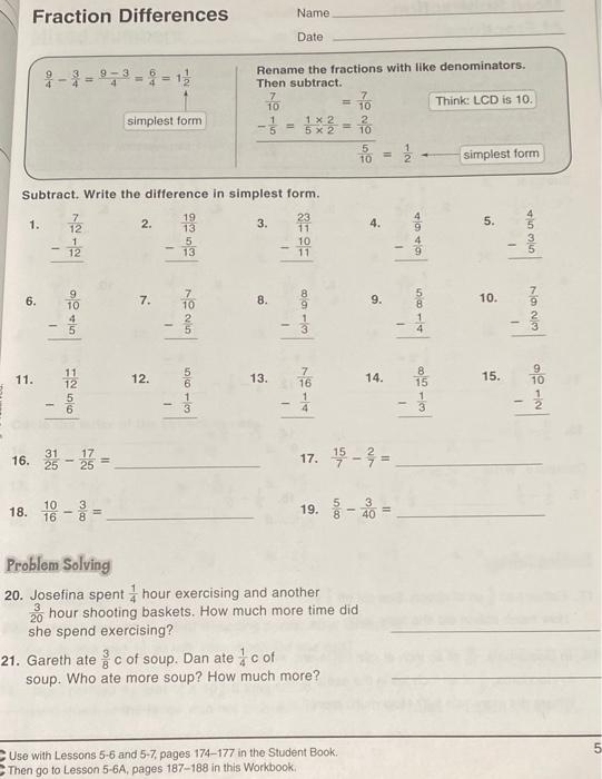 Solved Fraction Differences Name Date 49−43=49−3=46=121 | Chegg.com