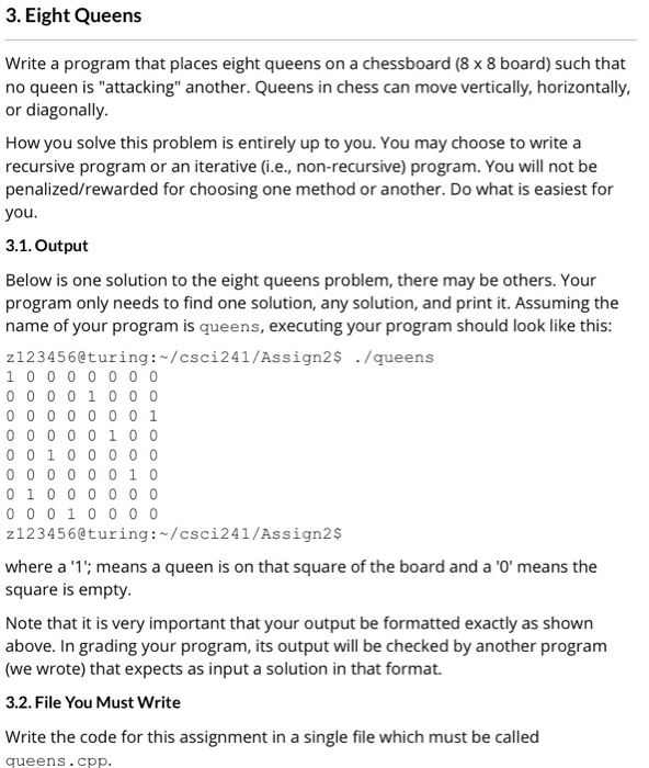Solved 3. Eight Queens Write a program that places eight | Chegg.com