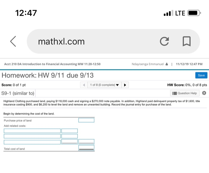 Solved 12:47 11 LTE O mathxl.com C Acct 210 DA Introduction | Chegg.com