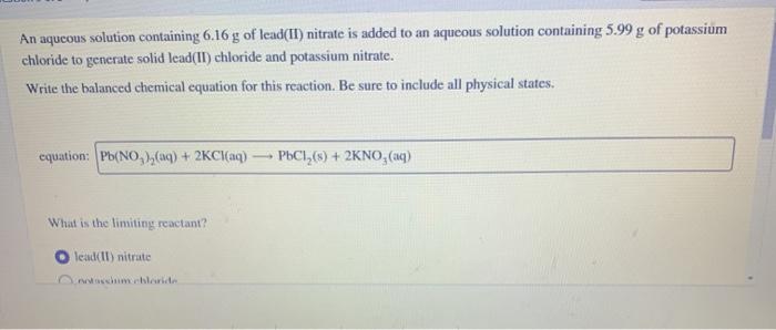 Solved An aqueous solution containing 6.16 g of lead(II) | Chegg.com