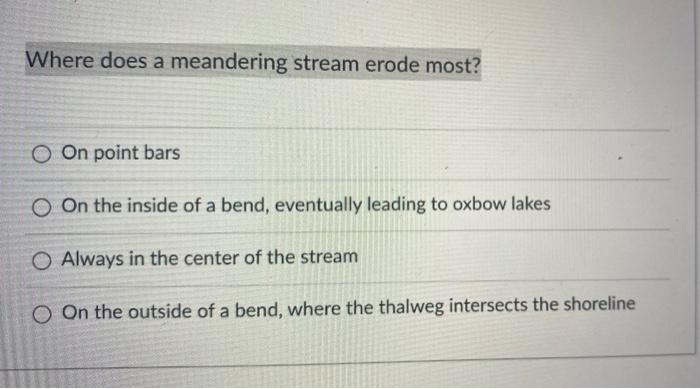 Solved Where does a meandering stream erode most? O On point | Chegg.com