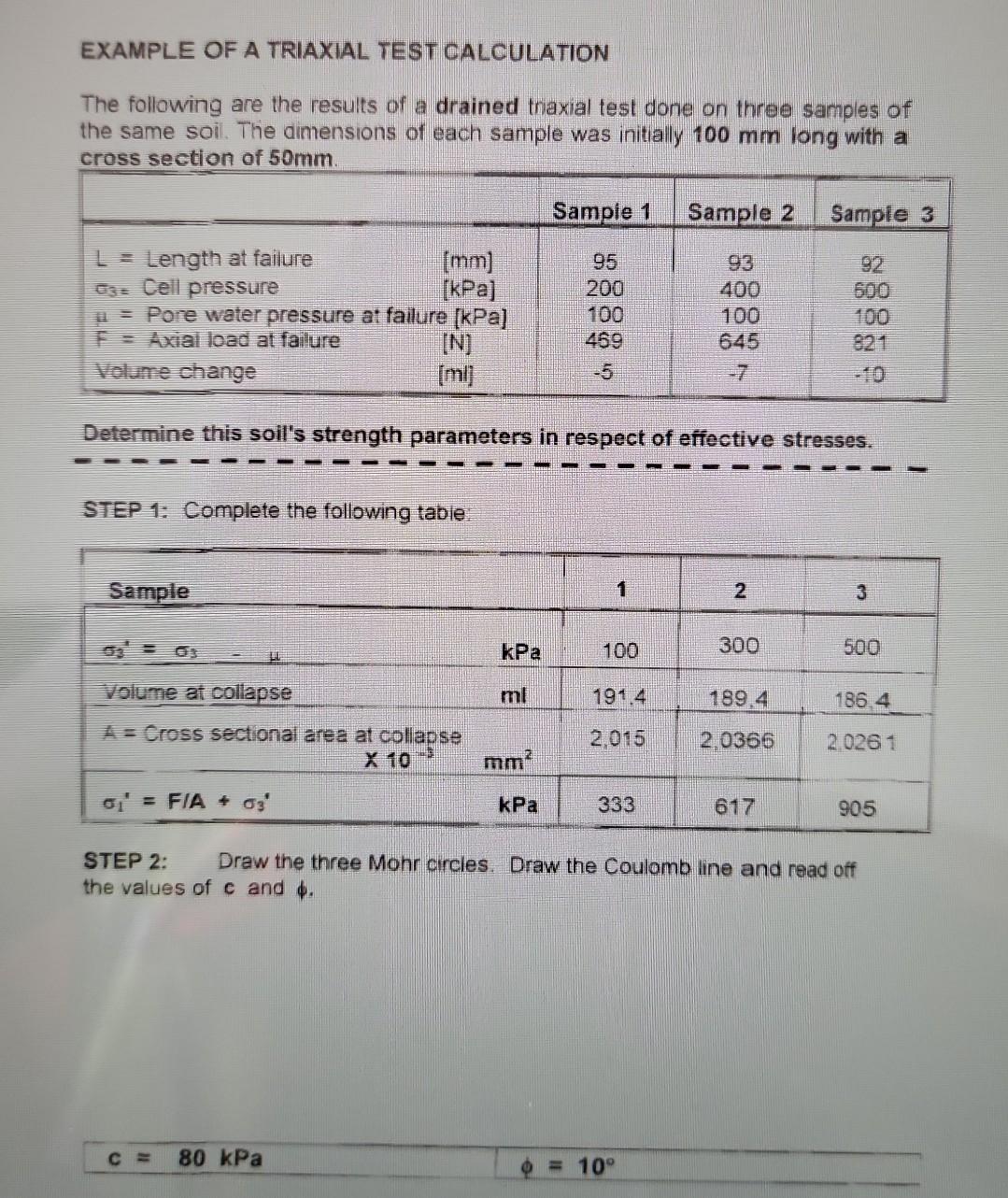 Solved EXAMPLE OF A TRIAXIAL TEST CALCULATION The following | Chegg.com