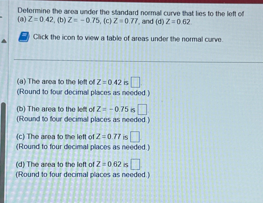 Determine the area under the standard normal curve | Chegg.com