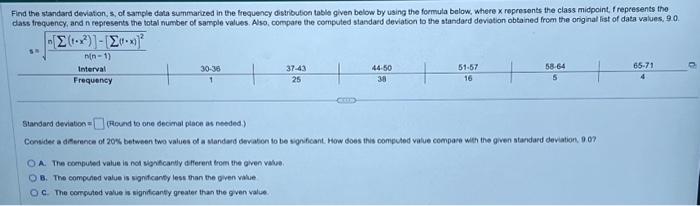 Solved Find the standard deviation, s, of sample data | Chegg.com
