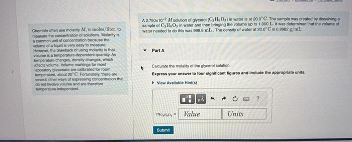 Solved A 2.750xio-2. M solution of gyyerol (C3H3O3) in water | Chegg.com