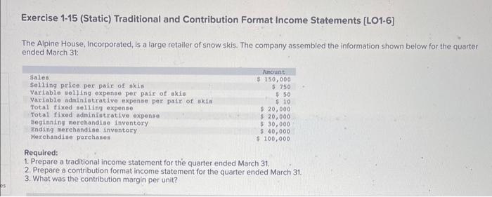 Solved Exercise 1-15 (Static) Traditional and Contribution | Chegg.com