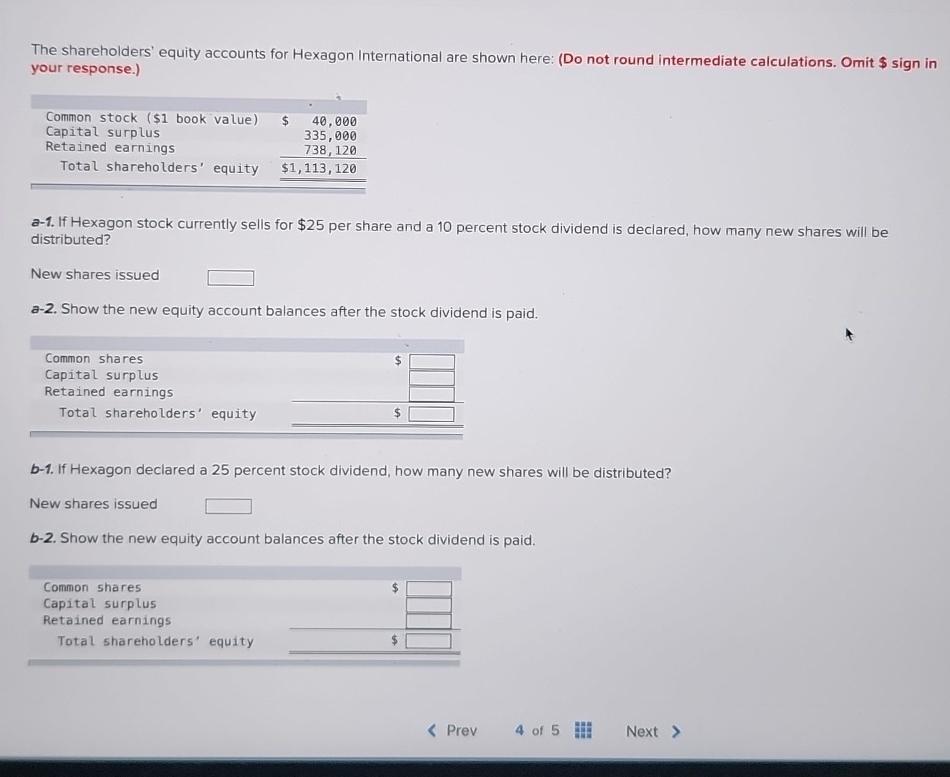 Solved The shareholders' equity accounts for Hexagon | Chegg.com